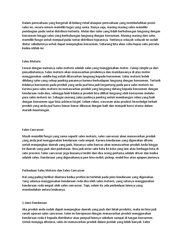 Perbedaan Sales Motoris dan Canvasser | PDF | Karier & Perkembangan | Hukum