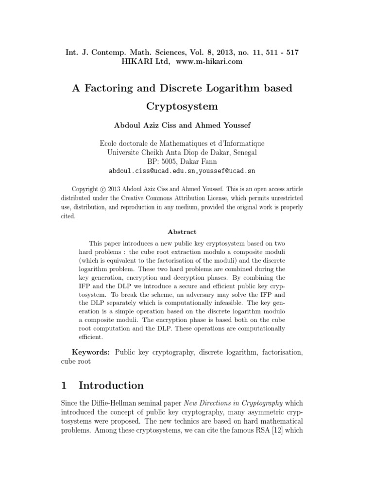 A Factoring and Discrete Logarithm Based Cryptosystem | PDF | Cryptography | Public Key Cryptography