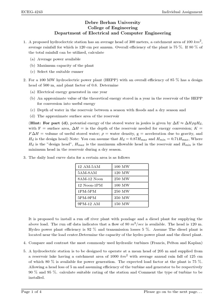 Individual Assignment (Work Sheet) | PDF | Hydroelectricity | Power Station