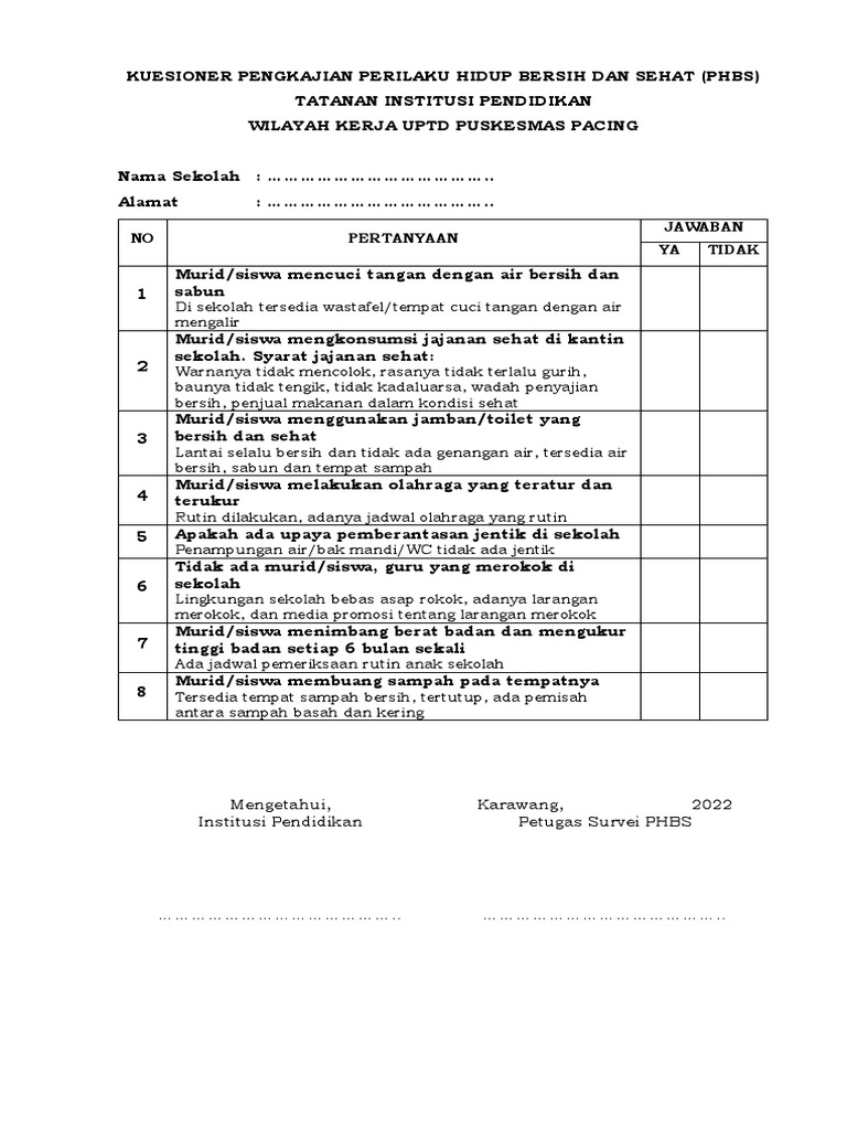 Form PHBS Sekolah | PDF | Pengembangan Diri