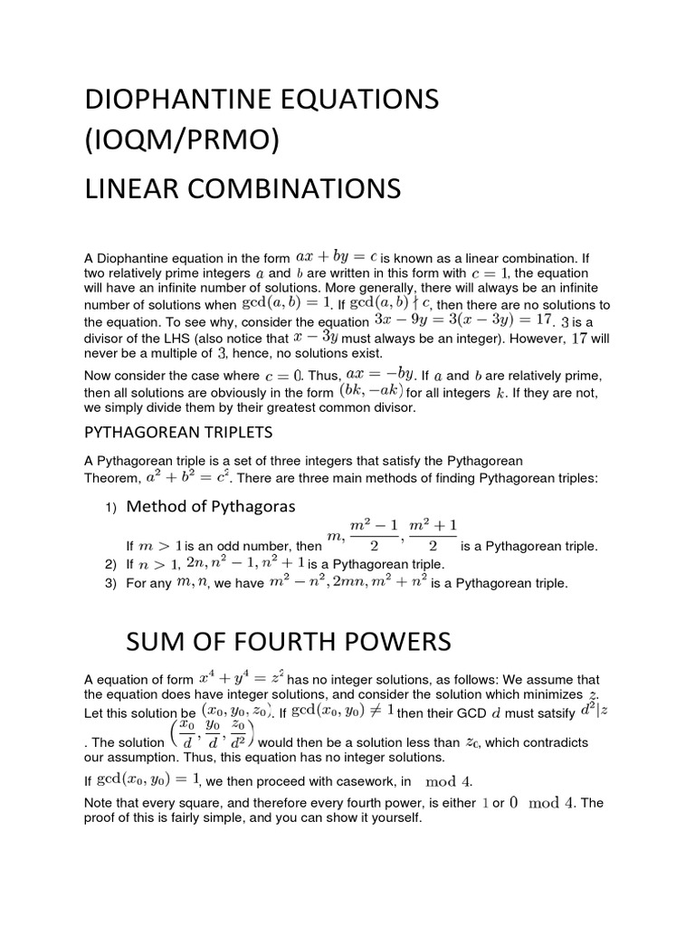 Diophantine Equations (Ioqm/Prmo) Linear Combinations: Sum of Fourth ...