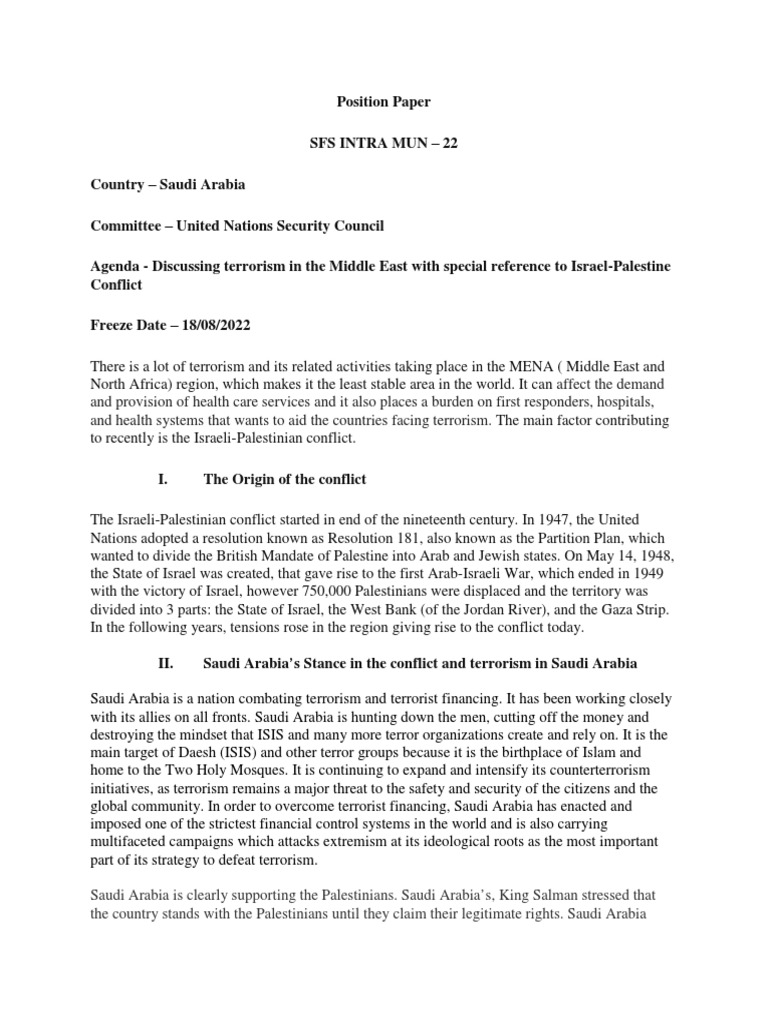 Position Paper - Saudi - Arabia | PDF | Israeli–Palestinian Conflict ...