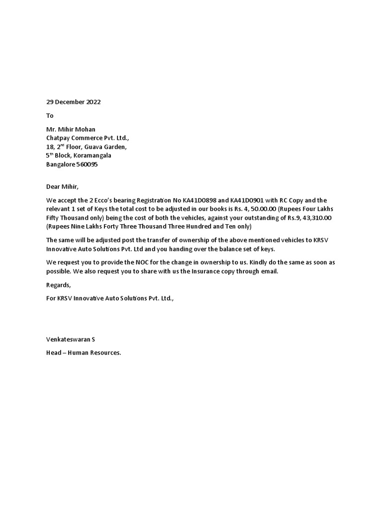 Vehicle Repossession Letter | PDF