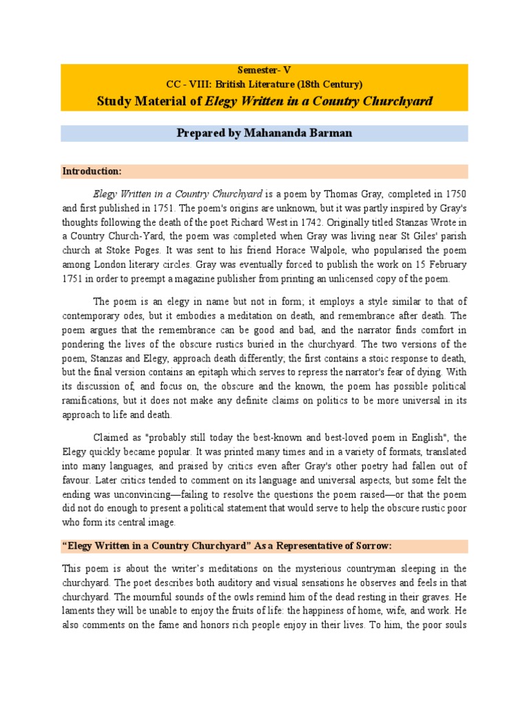 Elegy Written Study Material | PDF | Poetry