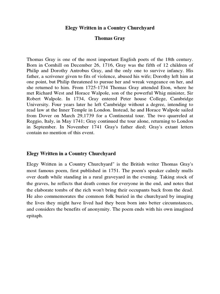 Elegy Written in A Country Churchyard Summary | PDF | Poetry