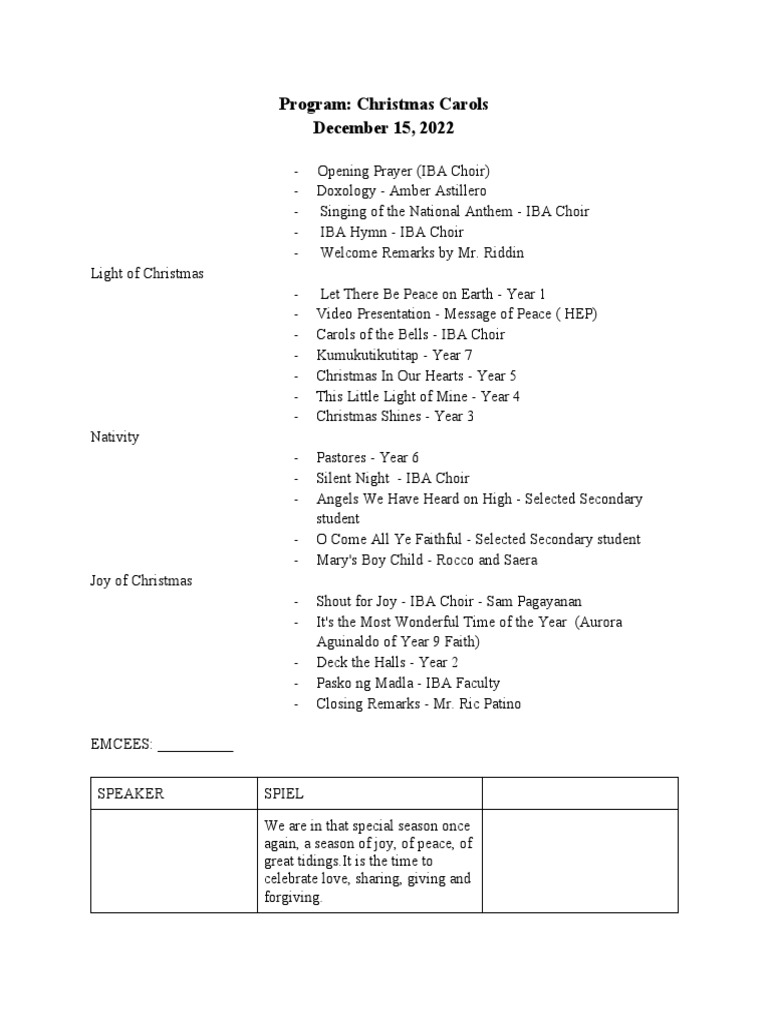 Program - Christmas Carols | PDF | Christmas | Christmas Carols