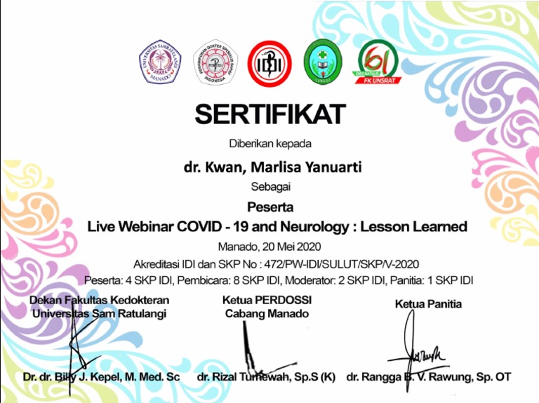 Sertifikat Live Webinar COVID-19 & Neurology Dr. Kwan, Marlisa Yanuarti ...