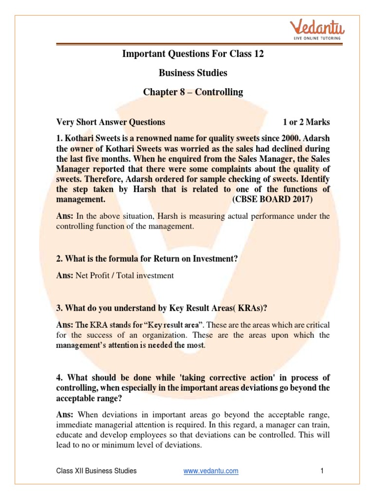 Important Questions For CBSE Class 12 Business Studies Chapter 8 | PDF ...
