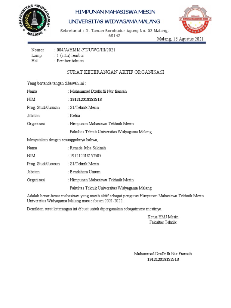 Surat Keterangan Aktif Renada | PDF