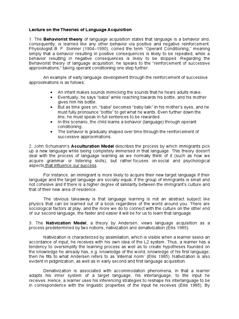 Lecture Theories of Language Acquisition | PDF | Language Acquisition | Second Language Acquisition