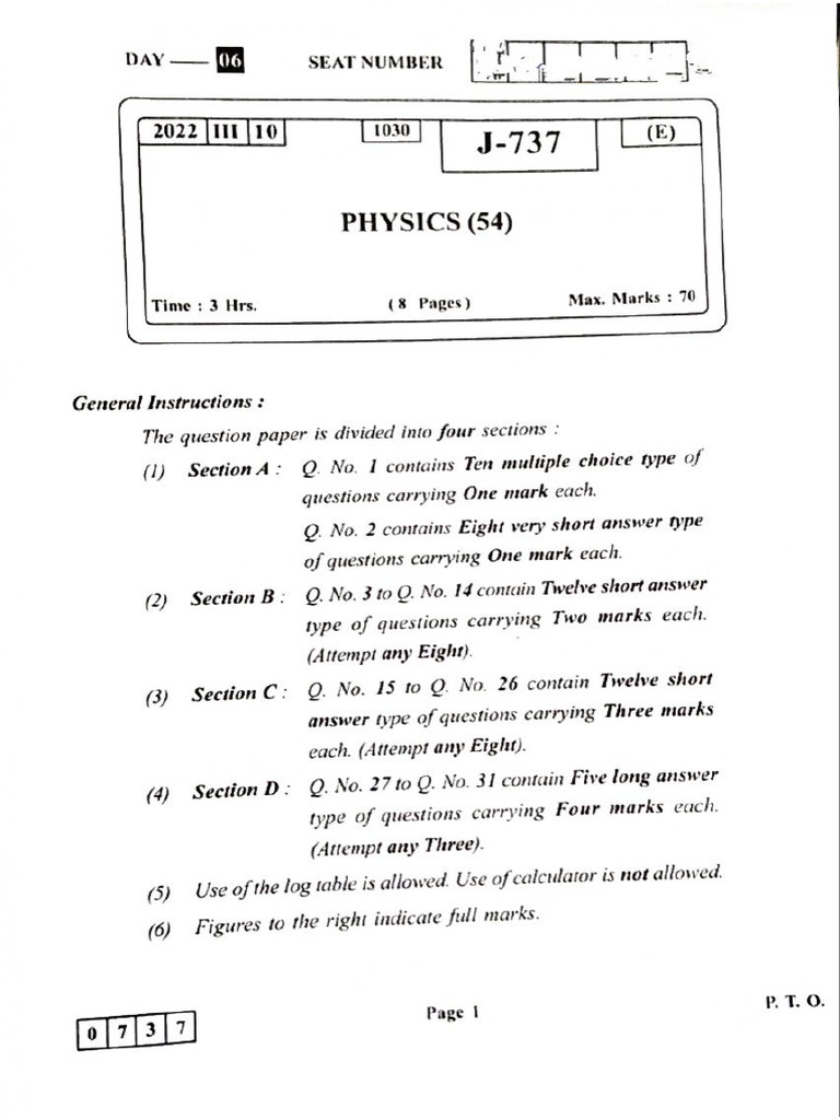 Physics Question Paper 2022 Solutions | PDF