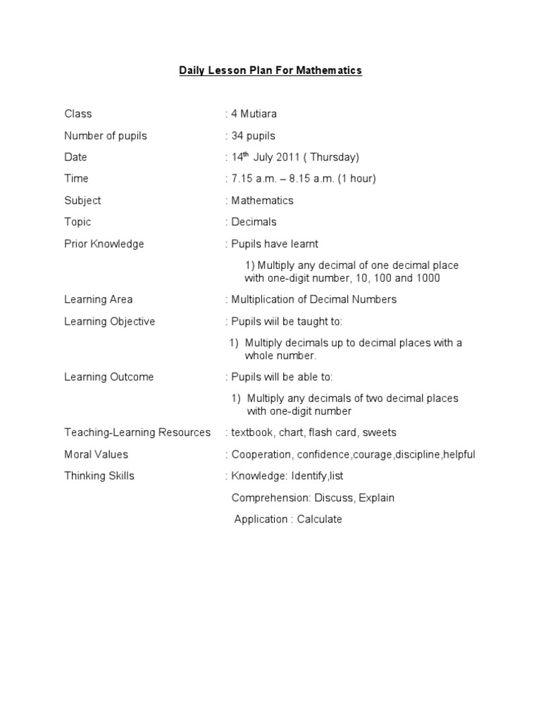 Daily Lesson Plan For Mathematics - Decimal-Multiplication | PDF ...