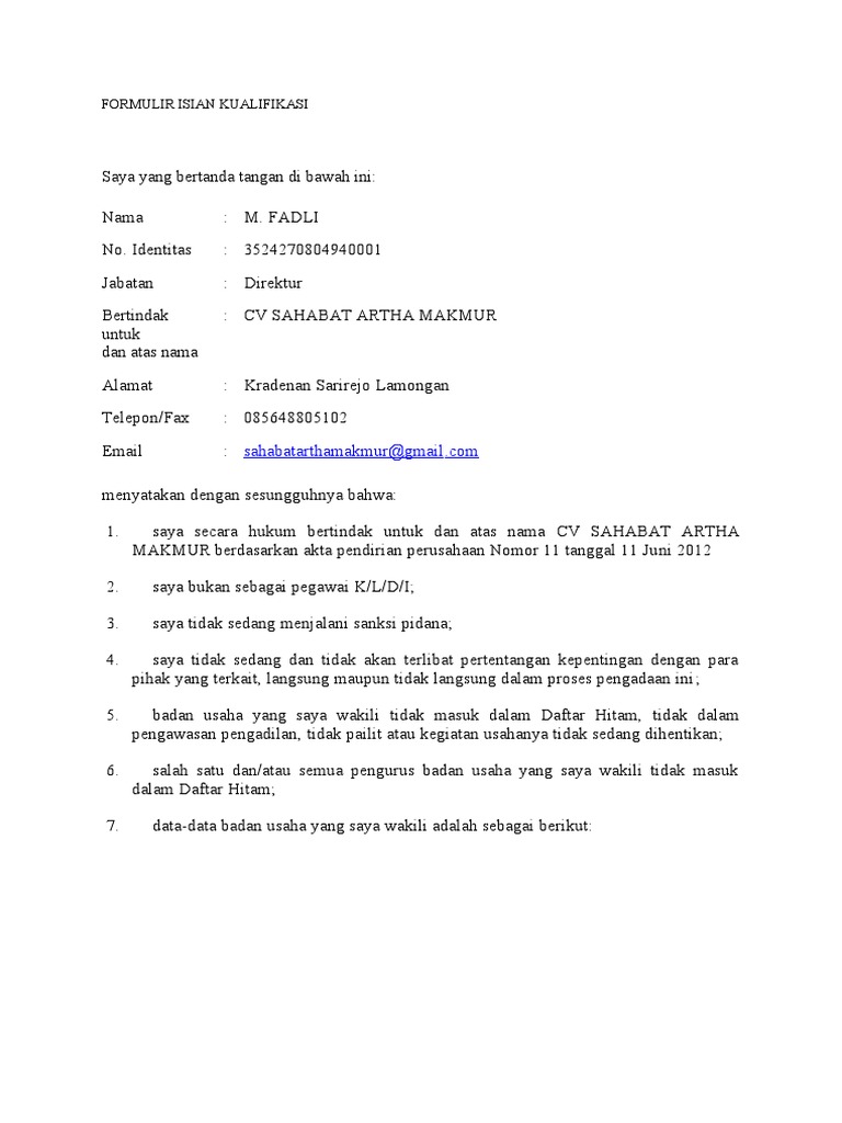Formulir Isian Kualifikasi Pdf