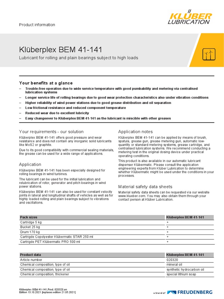 Klberplex BEM 41-141 020320 PI EN en | PDF | Bearing (Mechanical) | Lubricant