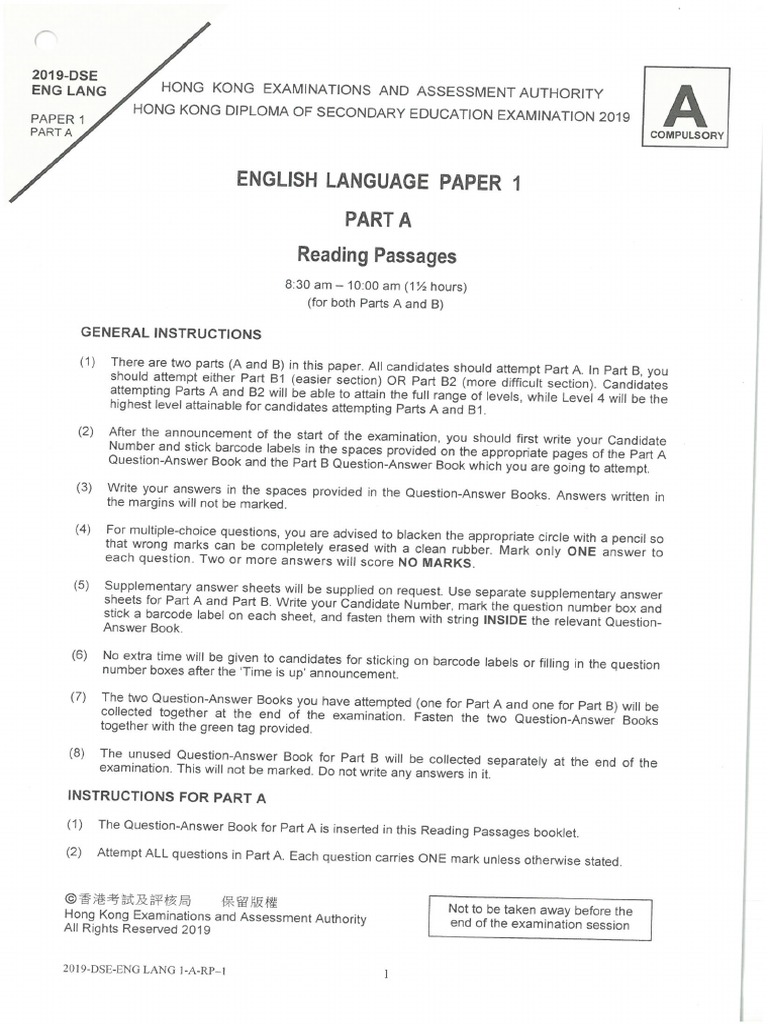 HKDSE 2019 Paper 1 All Parts Reading Passages and Q-A Books | PDF