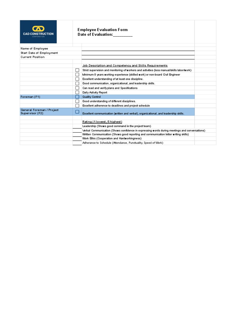 Construction Employee Evaluation Form | PDF | Career & Growth