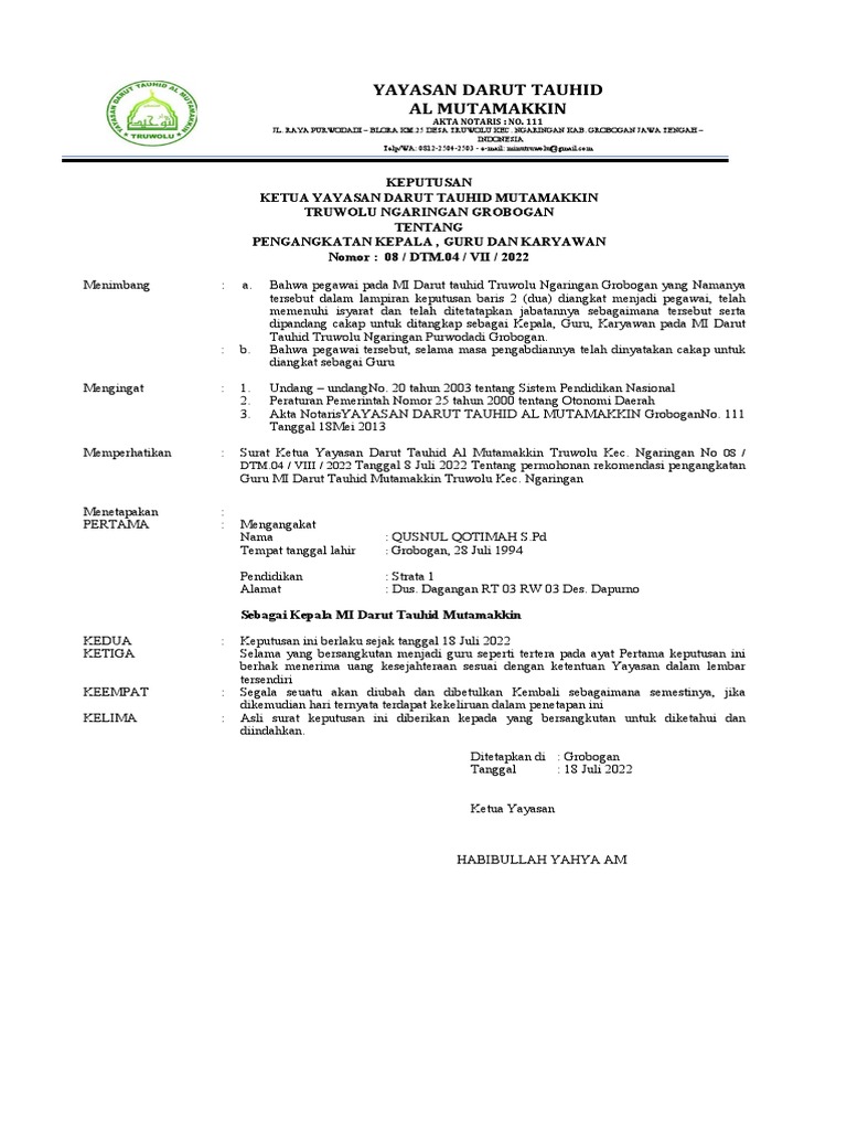 SK Pengangkatan Bu Husnul 1 Hal | PDF