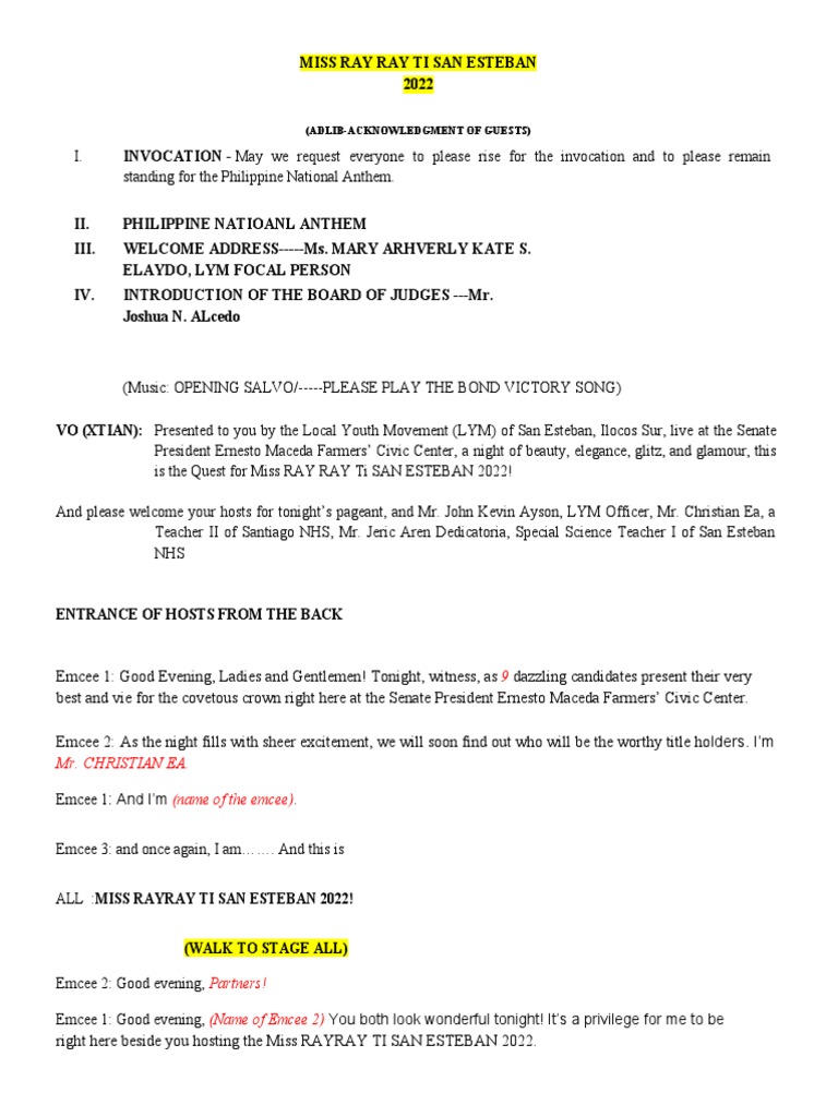 EMCEE - Script - For - Pageant Sample Lang | PDF
