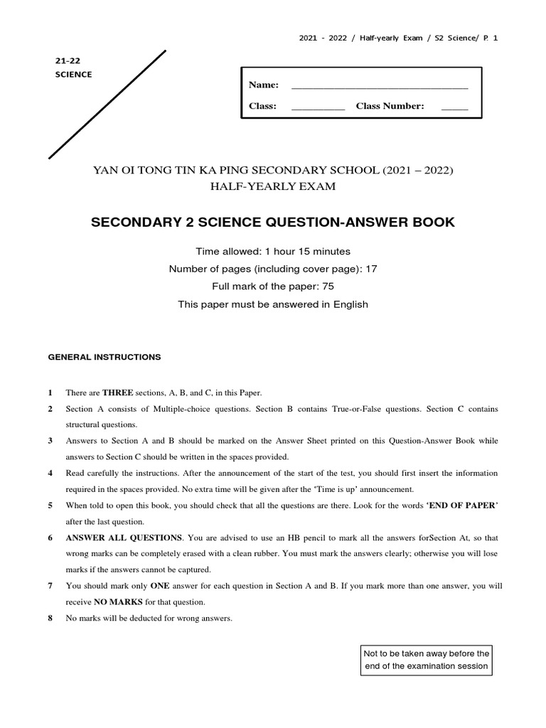 F2 Science 2021-22-1st Exam | PDF | Mass | Water