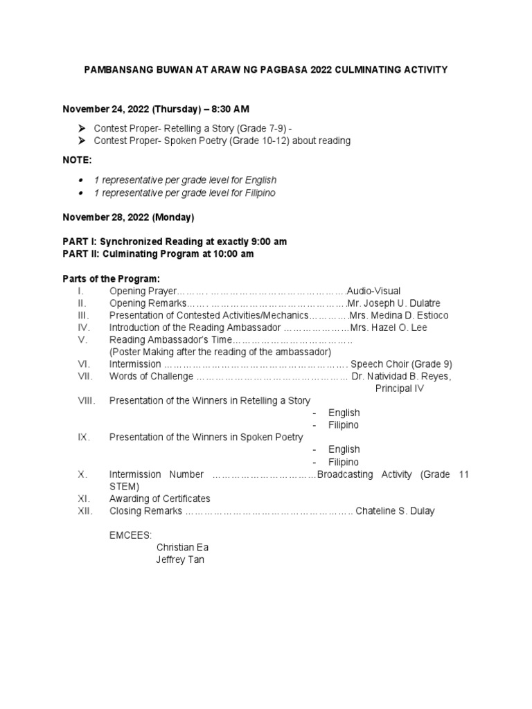 Pambansang Buwan at Araw NG Pagbasa 2022 Culminating Activity | PDF | Foreign Language Studies