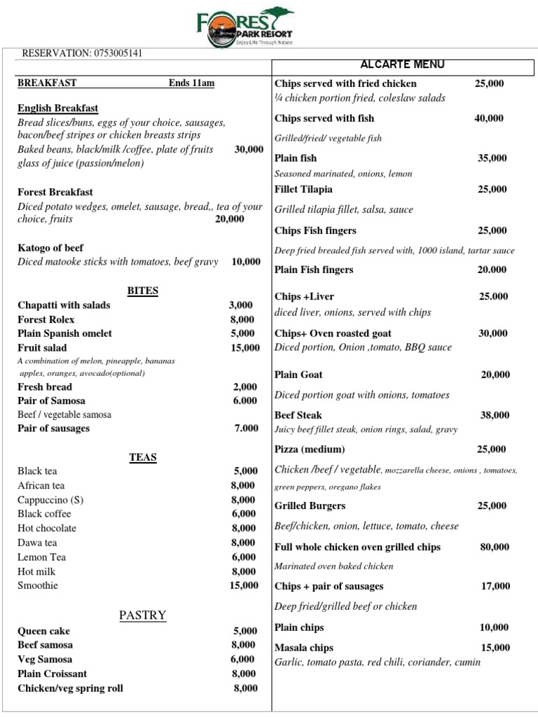2022 Menu Forest Park Resort | PDF | Sausage | Drink