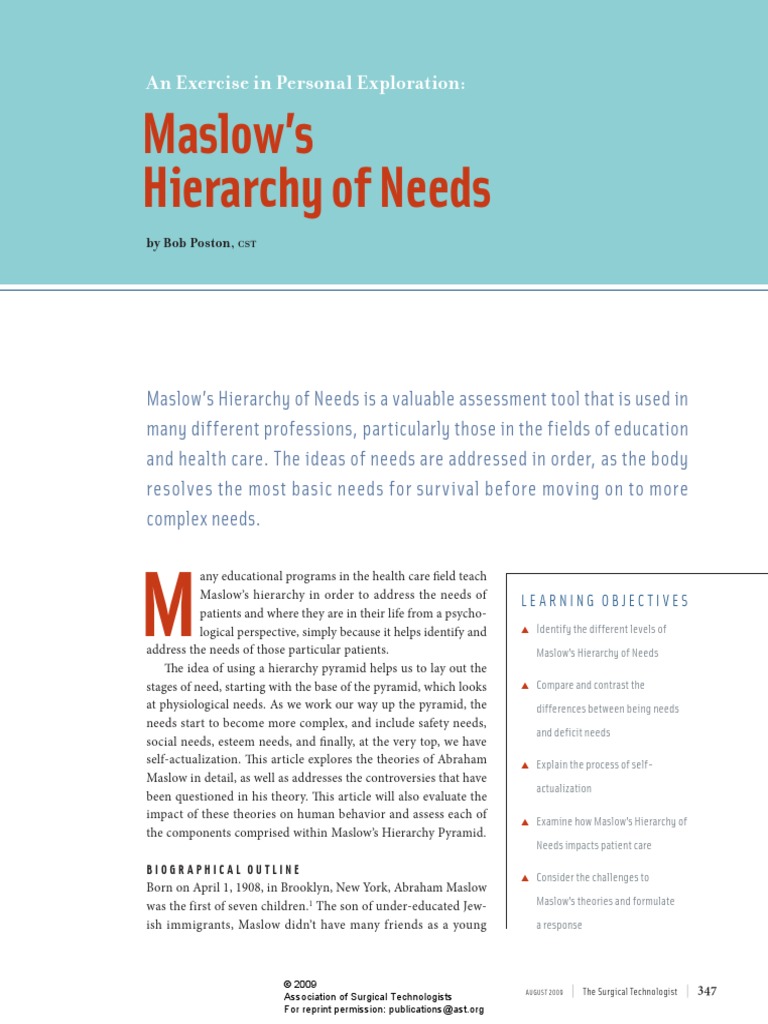 Maslow's Hierarchy of Needs: An Exercise in Personal Exploration | PDF ...
