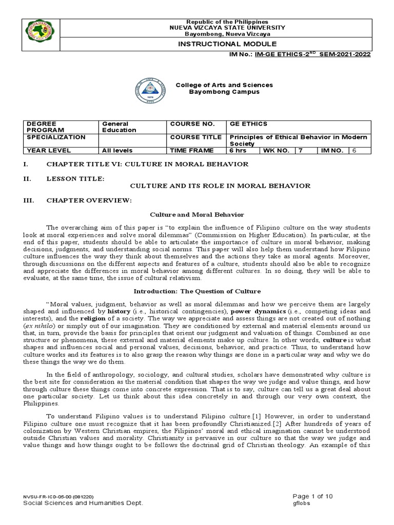 Chapter Vi - Culture in Moral Behavior - Ge Ethics | PDF | Morality | Evolution