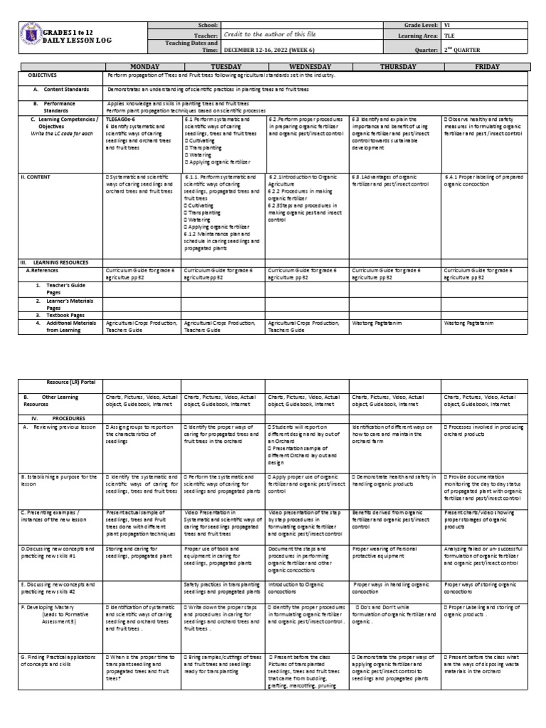 DLL - Tle 6 - Q2 - W6 | PDF | Curriculum | Learning
