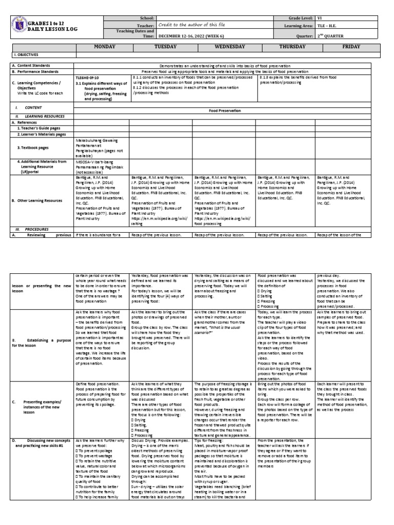 DLL - Tle-He 6 - Q2 - W6 | PDF | Food Preservation | Foods