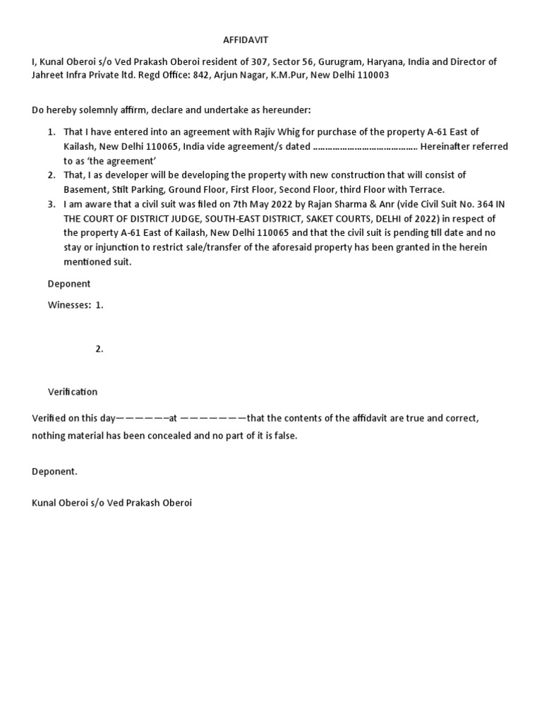 AFFIDAVIT Kunal Oberoi | PDF