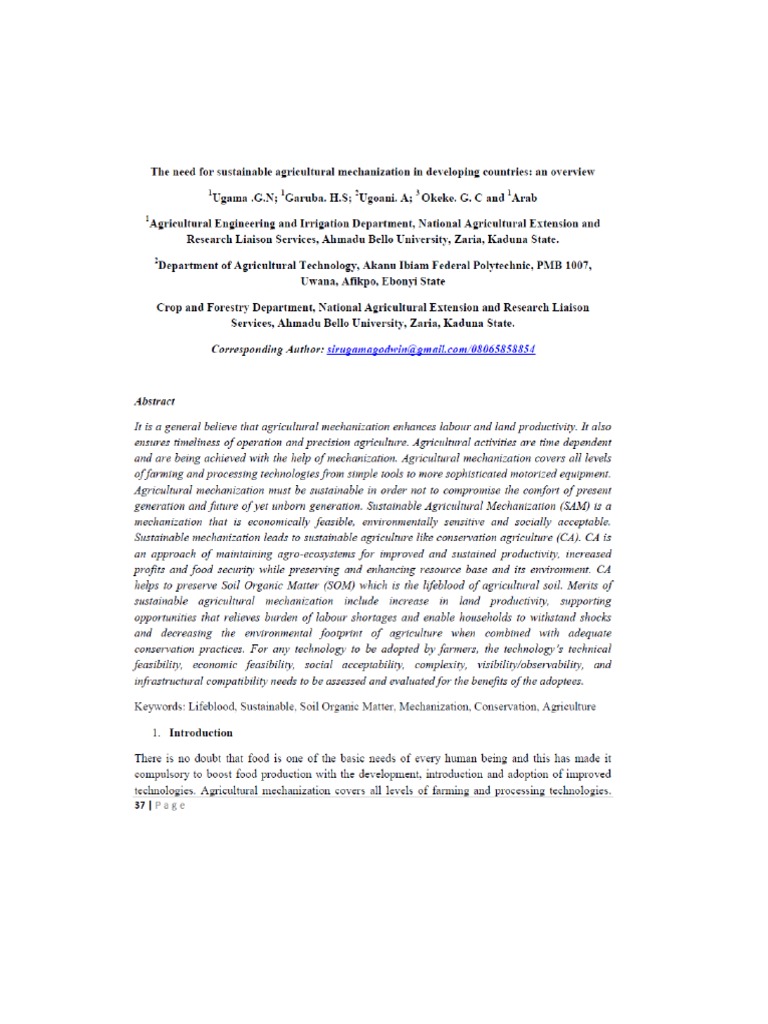The Need For Sustainable Agricultural Mechanization in The Developing ...