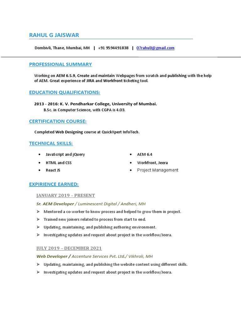 Rahul Jaiswar: AEM Developer Profile | PDF