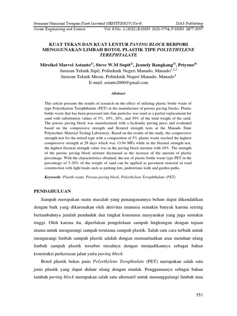 Pengaruh Penambahan Limbah Plastik Jenis PET Terhadap Kuat Tekan dan Kuat Lentur Paving Block ...