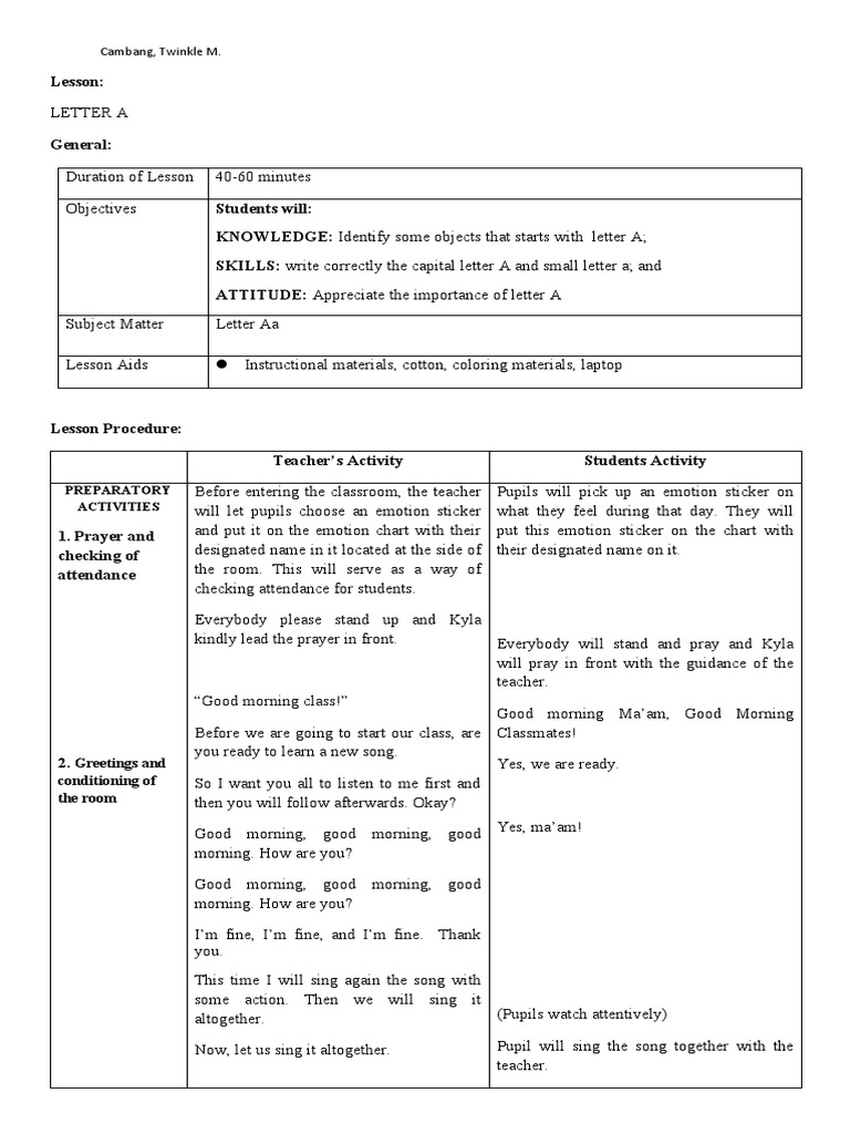 Letter A Lesson Plan | PDF | Teachers | Prayer