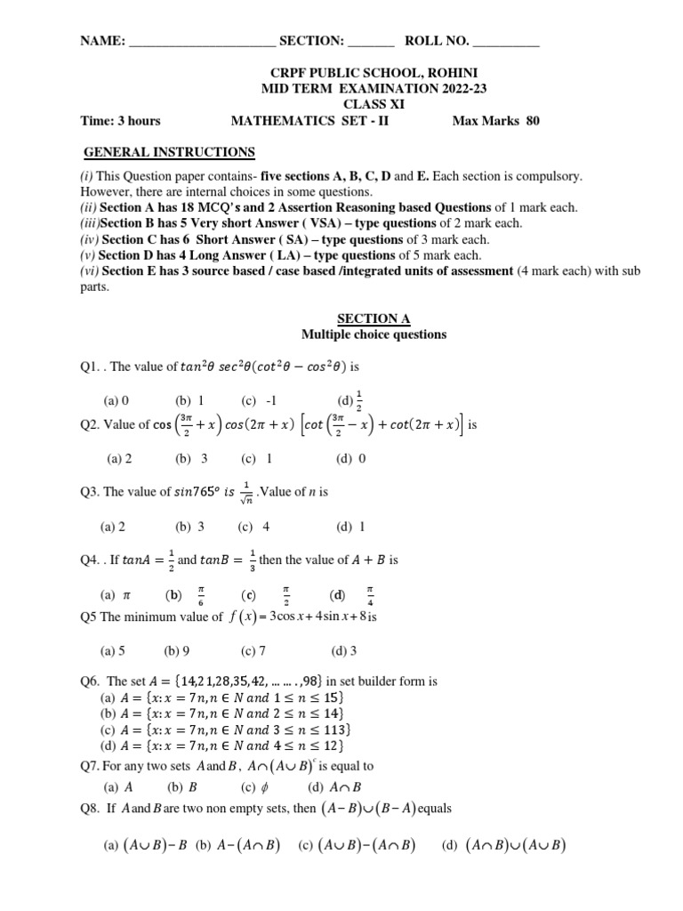 Class Xi Maths Mid-Term 2022-23 | PDF | Trigonometry | Angle