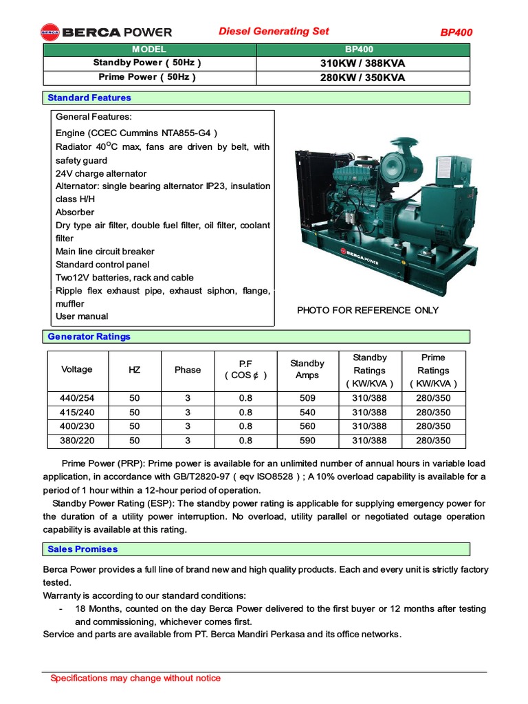 BP400 Diesel Generating Set: Standby Power 50Hz Prime Power 50Hz | PDF ...