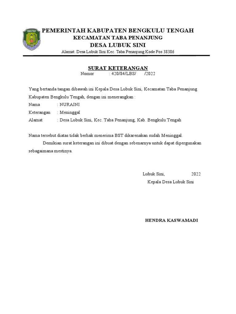 Surat Keterangan BST | PDF