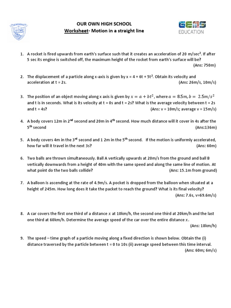 Motion in A Straight Line Worksheet | PDF | Velocity | Speed