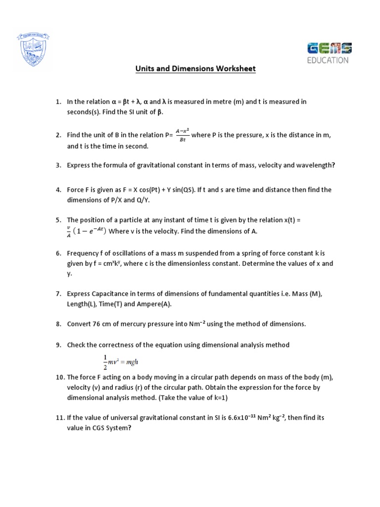 Units and Dimensions Worksheet | PDF