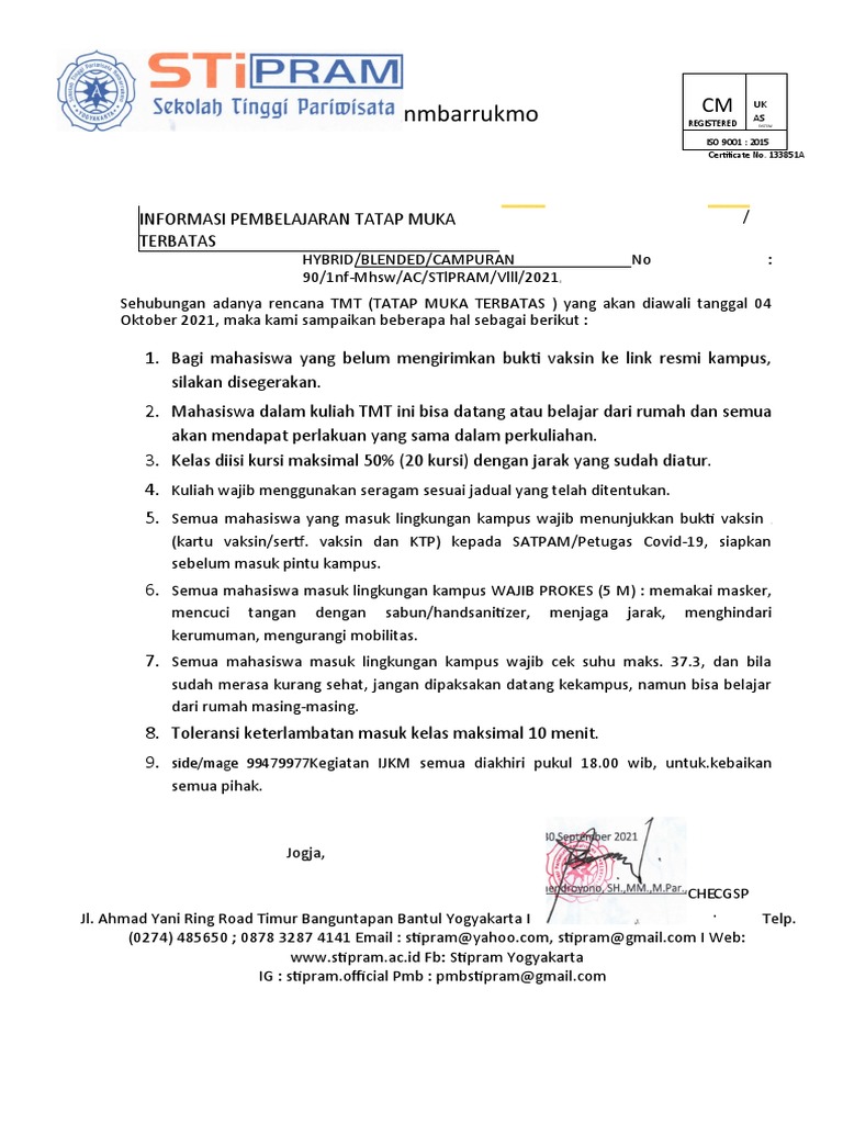 INFORMASI PENTING TENTANG PELAKSANAAN TATAP MUKA TERBATAS DI STIPRAM | PDF