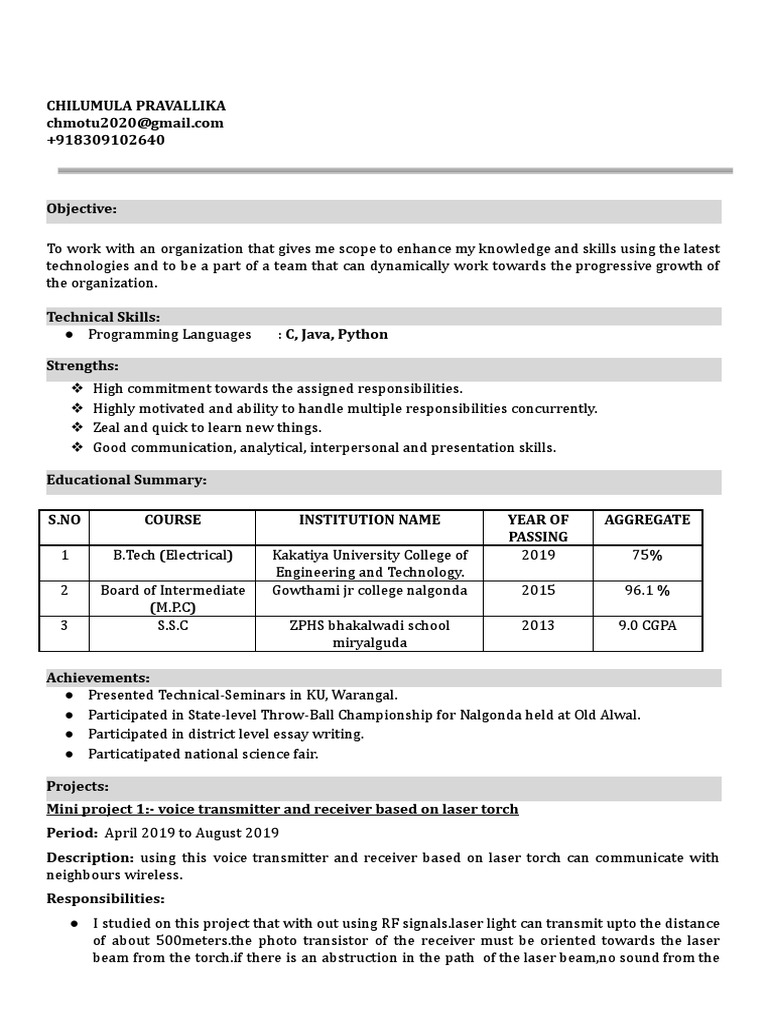 Pravalika Resume2 | PDF | Electrical Engineering | Electronics
