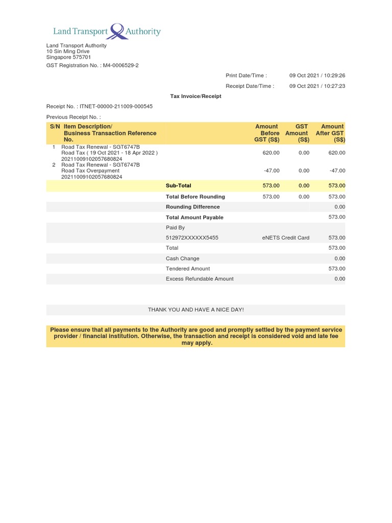 LTA Road Tax Renewal Receipt | PDF | Receipt | Value Added Tax
