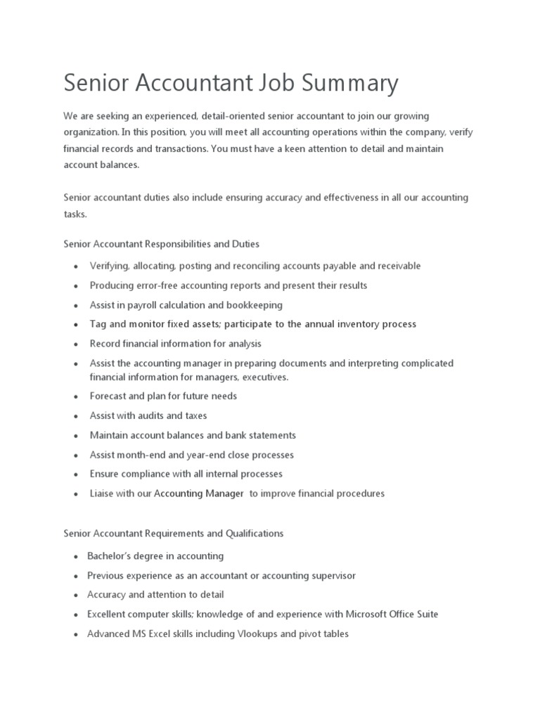Senior Accountant Job Description | PDF | Career & Growth | Finance ...