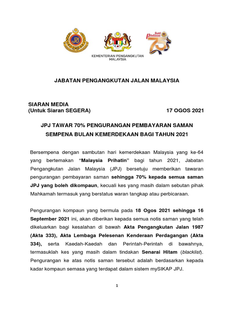 PR Diskaun Saman 70% Merdeka | PDF