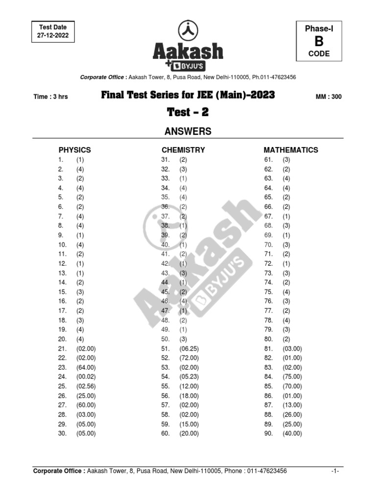 FTS - Test-2 - (Code-B) - JEE (Main) - 2023 (27-12-2022) Sol-1 | PDF ...