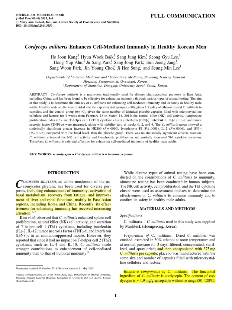 Cordyceps Militaris Enhances Cell-Mediated Immunity in Healthy Korean ...