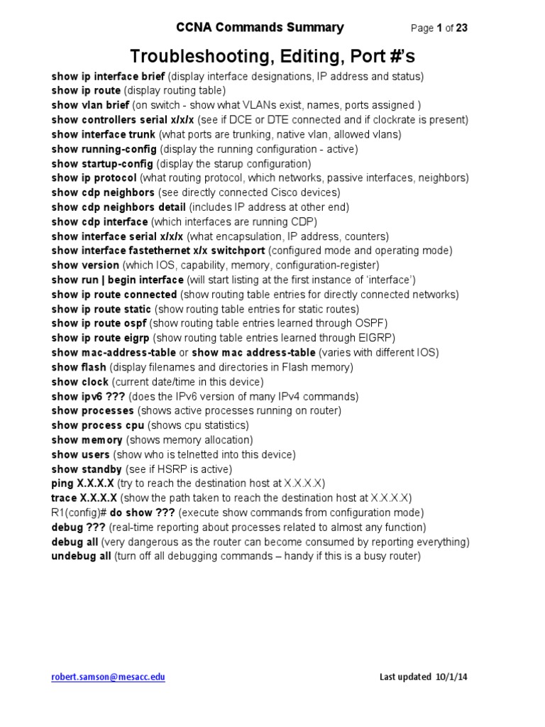 CCNA IOS Commands Summary 10-1-14 | PDF | Ip Address | I Pv6
