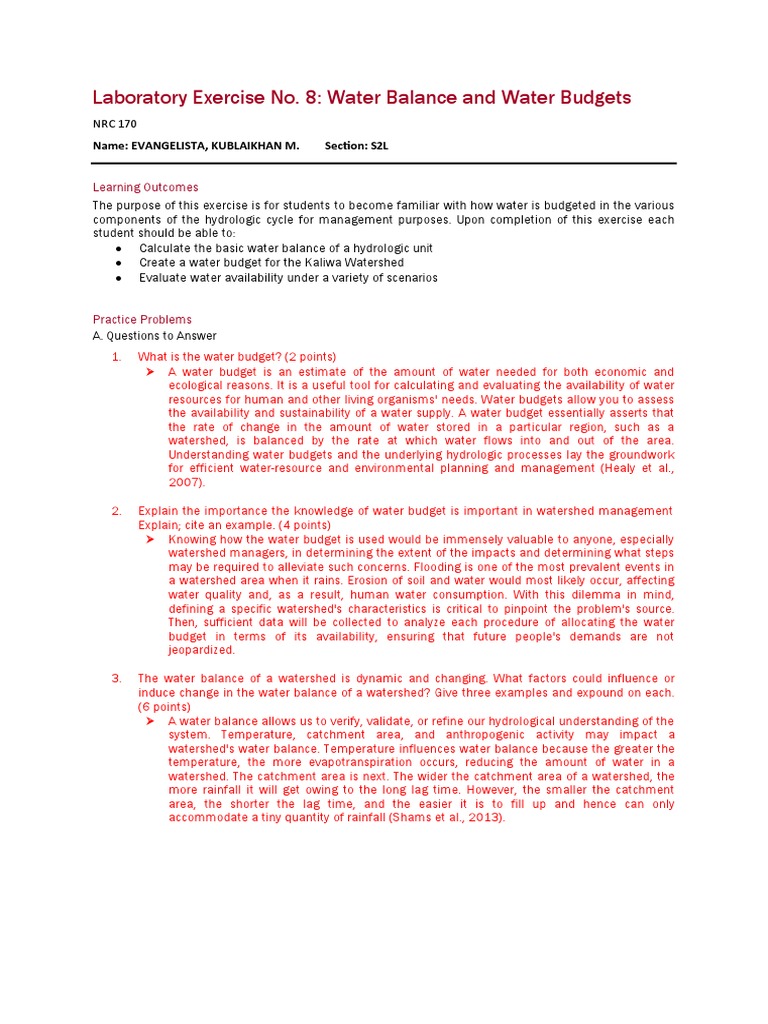 Bala - Laboratory Exercise 8 Water Budgets | PDF | Science & Mathematics