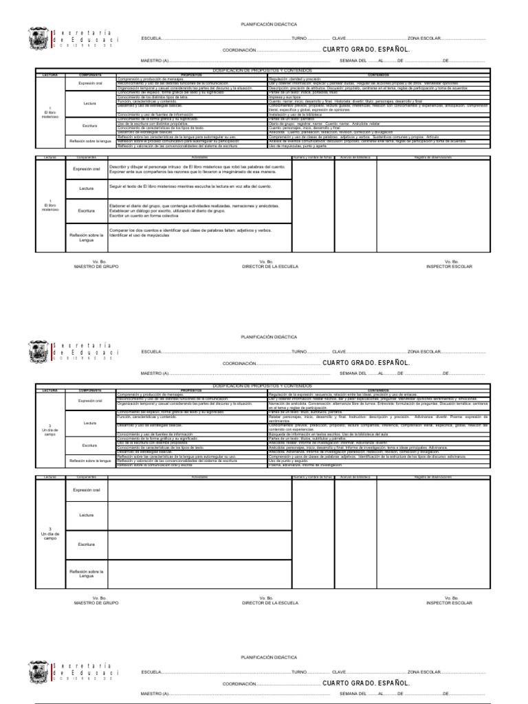Planificacion Cuarto Espanol | PDF | Lectura (proceso) | Escritura