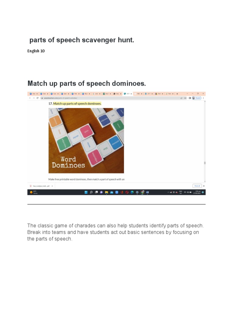Parts of Speech Scavenger Hunt | PDF | Language Arts & Discipline ...